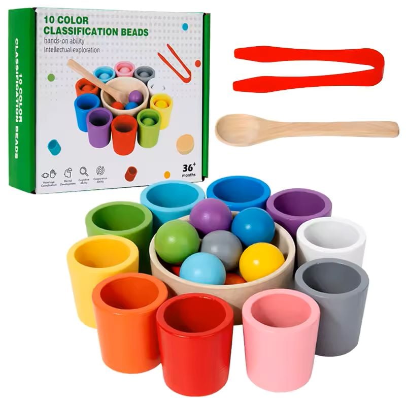 Rainbow Balls in Cups Toddler Montessori Toys, Kids Preschool Wooden M ...