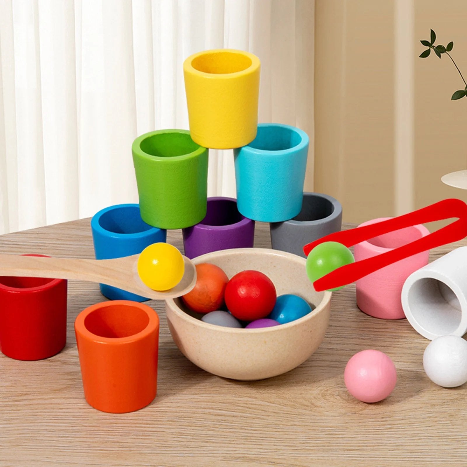 Rainbow Balls in Cups Toddler Montessori Toys, Kids Preschool Wooden M ...